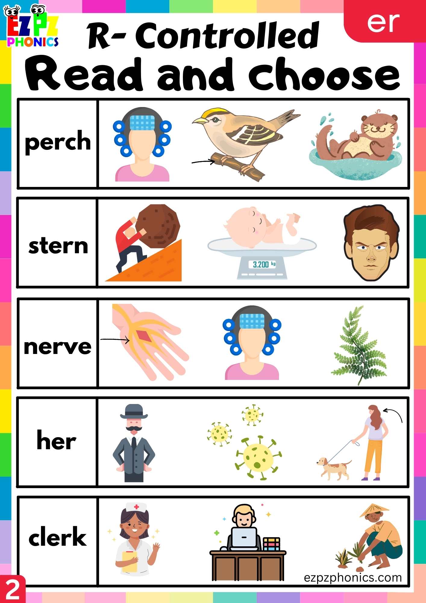Read and choose activity for er words R controlled vowels phonics group 2 - ezpzphonics.com
